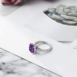 Gem Stone King 925 Sterling Silver Cushion Purple Amethyst and White Created Sapphire Engagement Ring For Women (3.27 Cttw, Available in size 5, 6, 7, 8, 9)