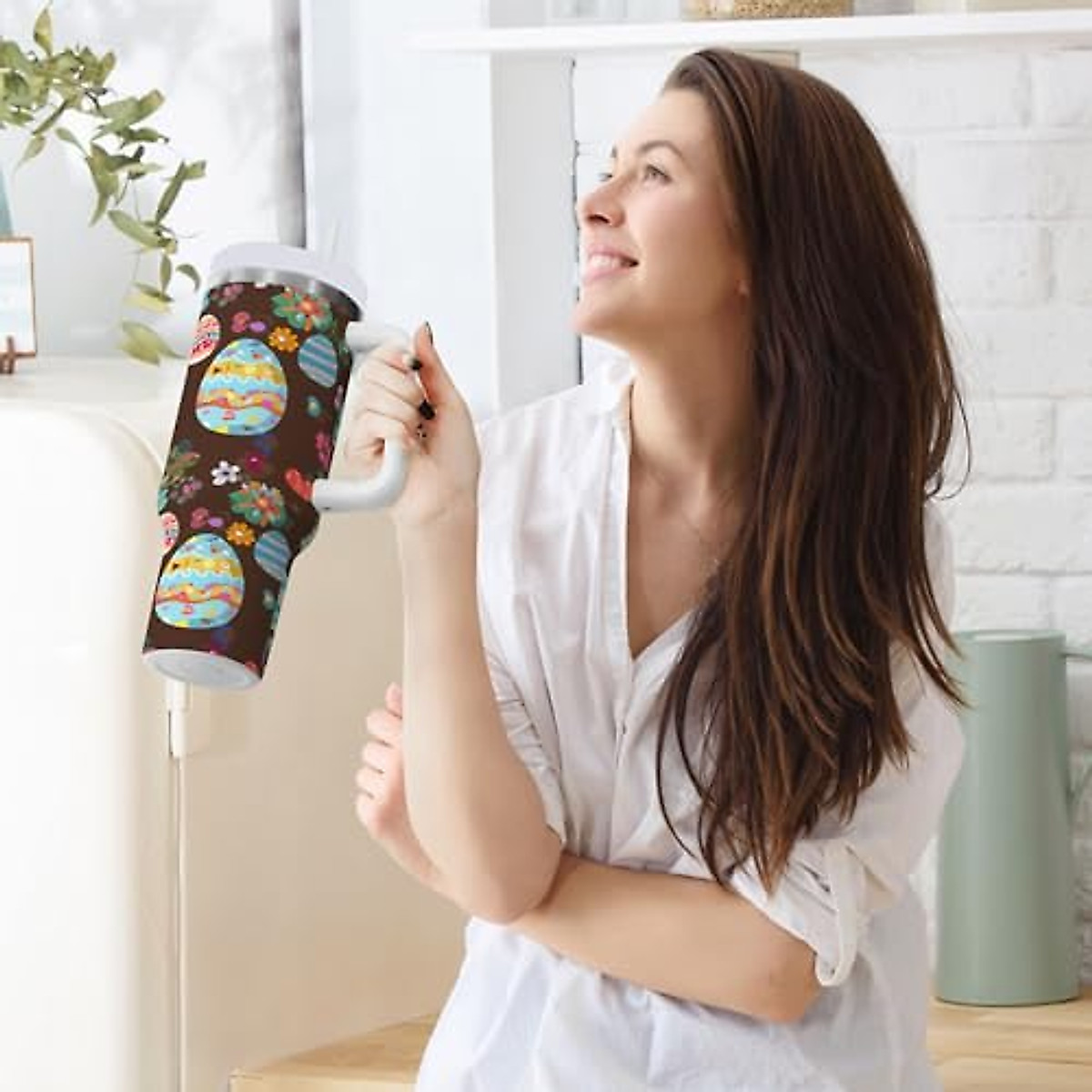 RPLIFE Cute Easter Bunnies Brown 40oz Tumbler with Handle, Stainless Steel Water Bottle with Straw, Travel Coffee Tumbler