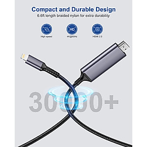 Lightning to HDMI Cable Adapter for iPhone, [Apple MFi Certified] iPhone to hdmi Adapter Cable to TV with iPhone/iPad/iPod 1080P Digital AV Sync Screen Connector on HDTV/Monitor/Projector-6.6 Ft/2M