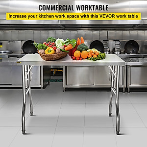 VEVOR Commercial Worktable Workstation 48 x 24 Inch Folding Commercial Prep Table, Heavy-duty Stainless Steel Folding Table with 661 lbs Load, Kitchen Work Table, Silver Stainless Steel Kitchen Island