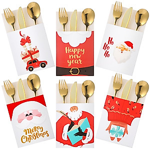 Zhanmai 48 Pcs Christmas Santa Claus Silverware Holders Xmas Utensil Holder Pockets Christmas Cutlery Holder Claus Tableware Holder Bags Knifes Forks Bag for Holiday Christmas Table Setting Decoration