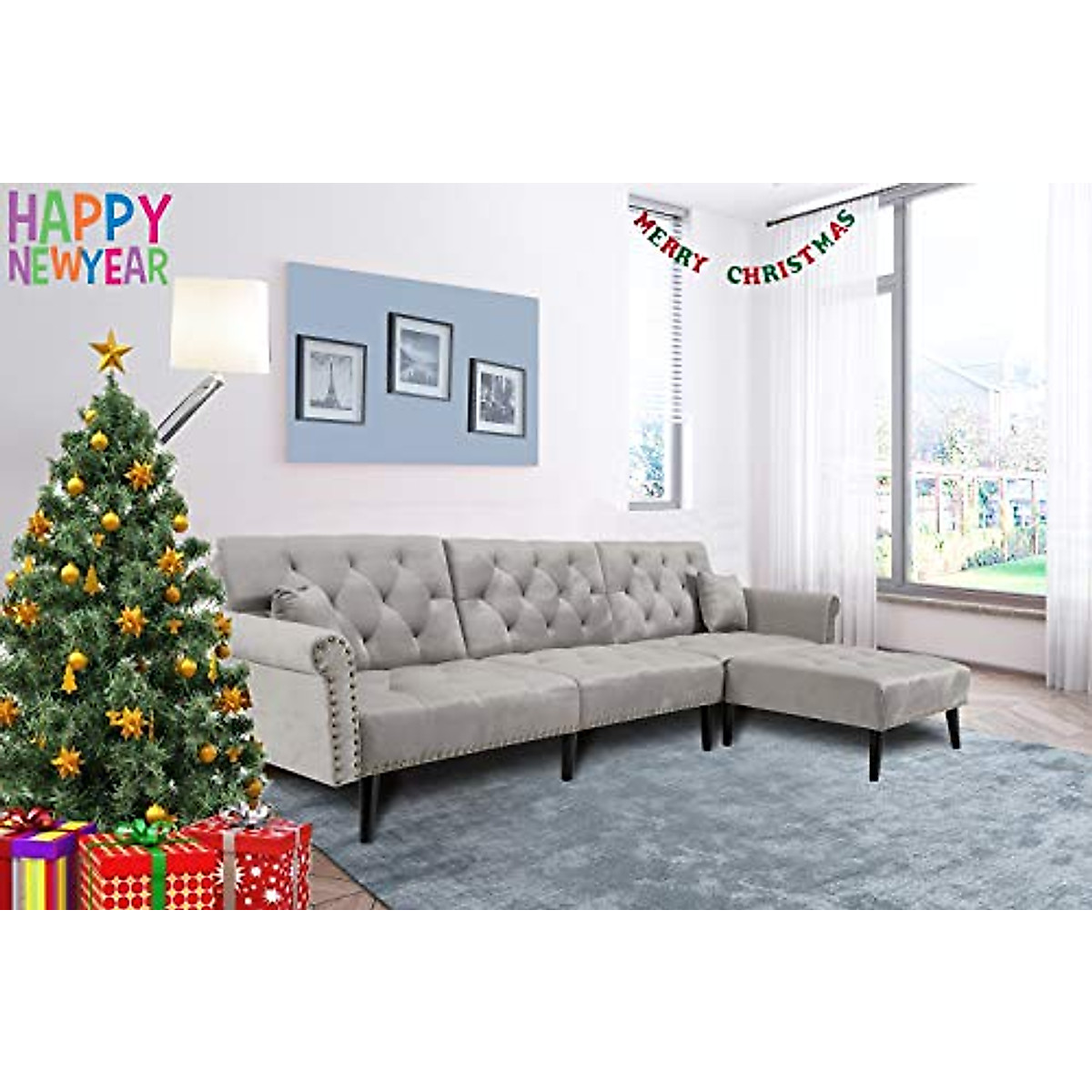 Zushule Convertible Sectional Couch with Chaise Lounge for Living Room, Comfy Velvet Fabric L-Shaped Reversible Reclining Sofa with 3 Seats and Pillows, for Small Apartment and Spaces - (Light Grey)