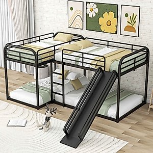 ATY L-Shaped Full and Twin Size Bunk Bed, Metal Bedframe w/Ladder & Slide, for 4 People, Bedroom, Dorm, Guestroom Supplies, Save Space Design, Black