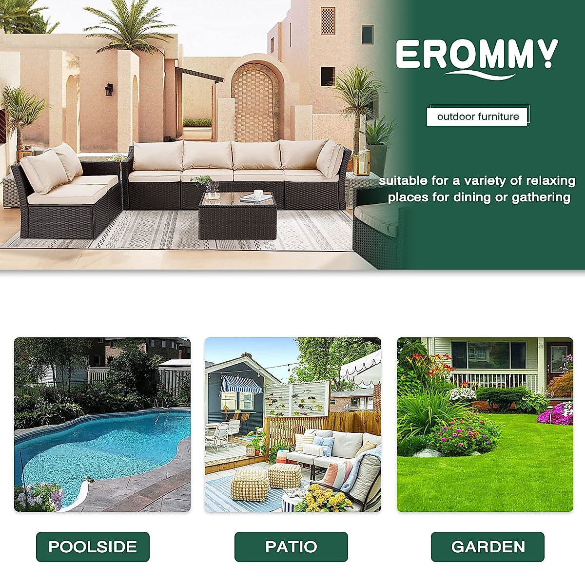 EROMMY 7 Pieces Outdoor Patio Furniture Set, Sectional PE Rattan Conversation Set, Sofa Set with Glass Table, Cushions and Pillows, Patio Sofa for Garden, Lawn, Balcony