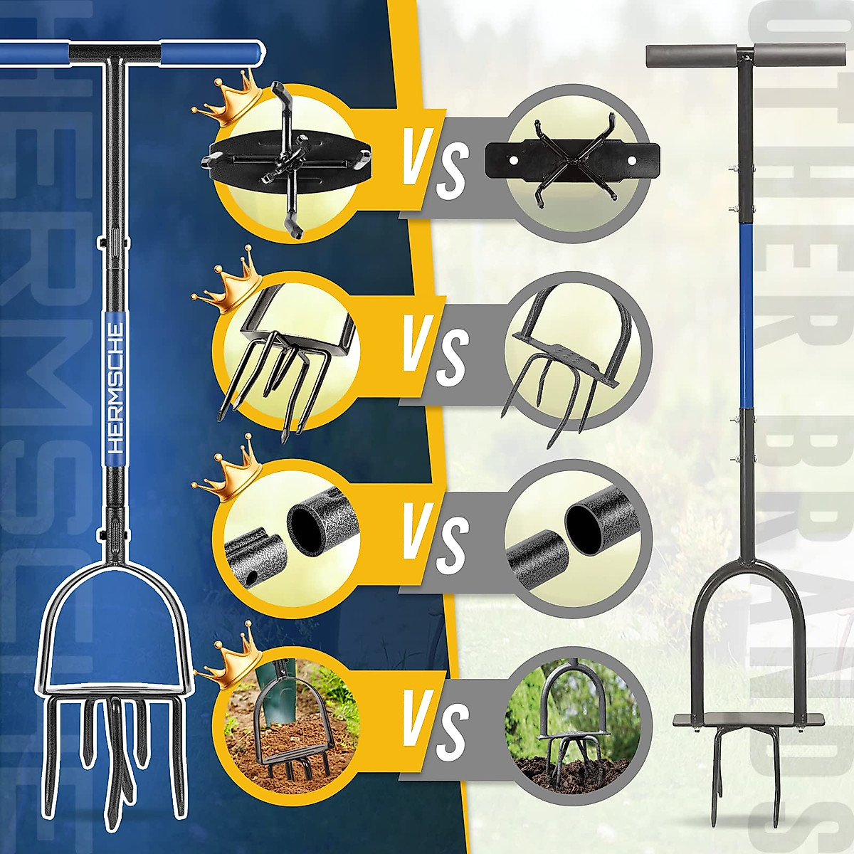 Hermsche Garden Tiller Manual Hand Tiller Garden Claw Cultivator Twist Tiller for Gardening Tool Long Handle Adjustable Steel Heavy Duty Lawn Aerator Soil Loosener Garden Tool Bed Plant Flower Box