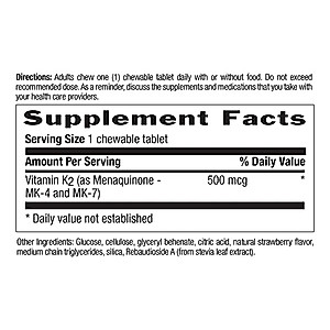 Country Life Certified Vegan K2 500 mcg - 60 Chewables - Strawberry Flavor - Dual Spectrum MK-4 and MK-7 Complex