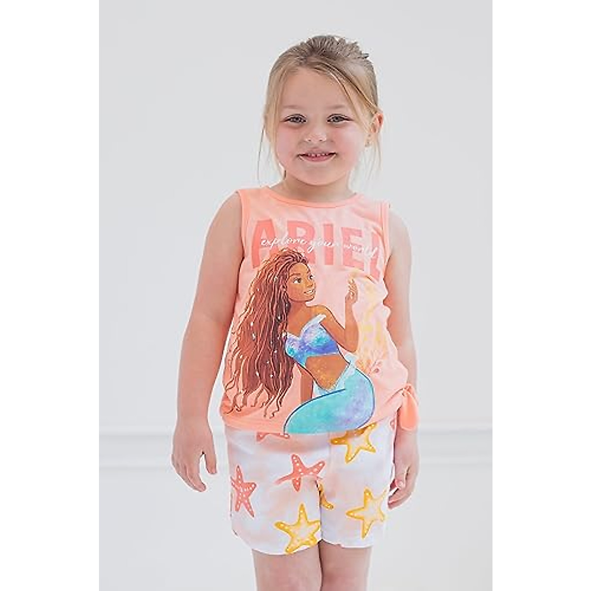 Disney Princess Ariel Little Mermaid Live Action Movie Little Girls Tank Top and Twill Shorts Outfit Set Tie Dye Pink 7-8