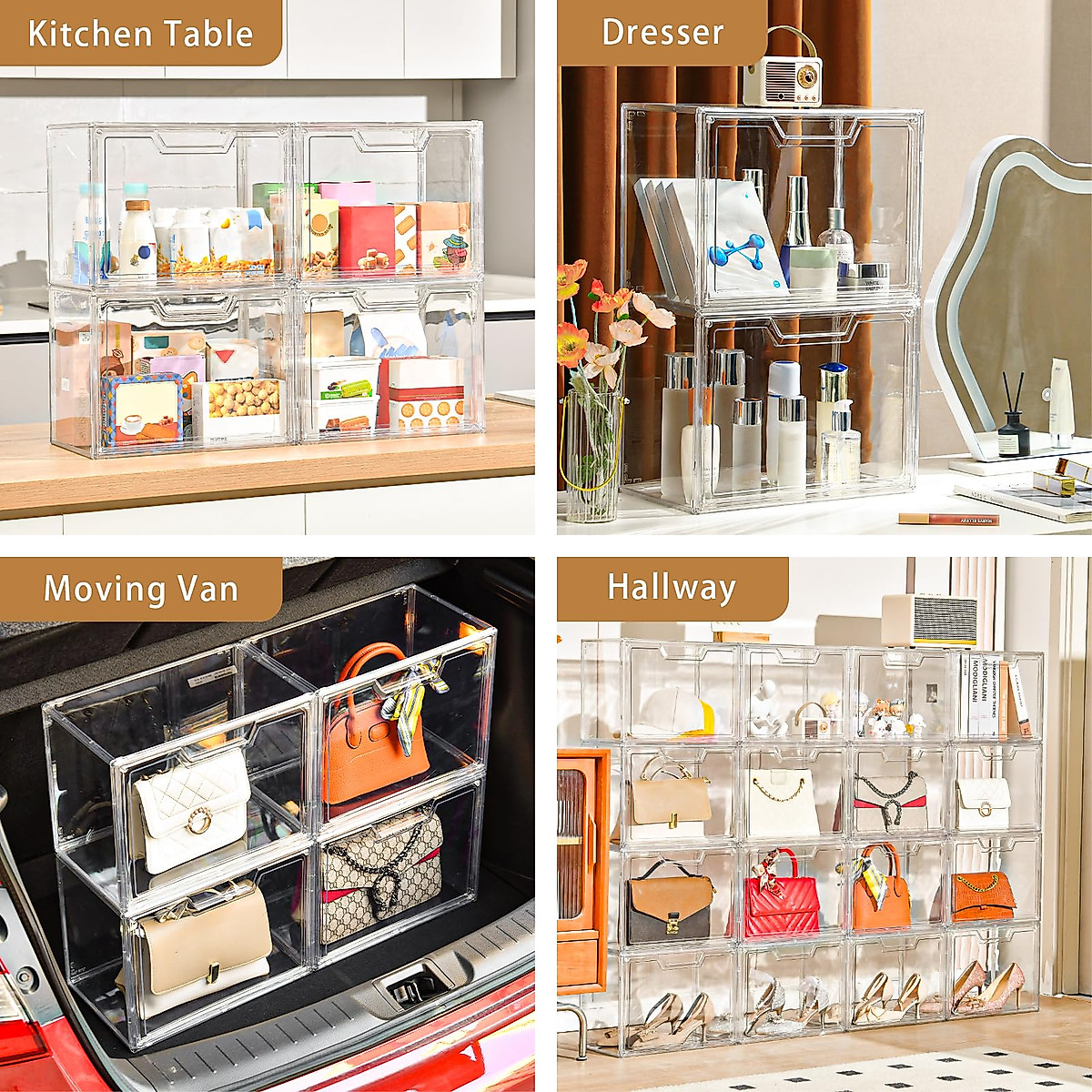 5 Pack Clear Storage Bins with Lids, Storage Containers with Magnetic Door, Stackable Acrylic Display Case for Handbags, Cosmetic, Multifunctional Storage Boxes for Dorm, Living Room, Bedroom Storage