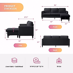 Mixoy 78'' Convertible Sectional Sofa with Storage Ottoman, Small Linen Fabric Sofa with Movable Ottoman, Modern Free Combination L Shaped Couch (Dark Grey)