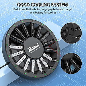 BONAI 16 Bay Battery Charger AA AAA with Rechargeable AA Batteries and Rechargeable AAA Batteries, Ni-Mh Rechargeable Batteries with Charger(Round-Design)