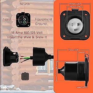 WELLUCK 15 Amp Flanged Inlet 125V, NEMA 5-15 RV Shore Power Inlet Plug w/Waterproof and Back Cover, 2 Pole 3-Wire AC Port Plug, Generator Male Receptacle for Marine Boat RV Shed Electrical Extension