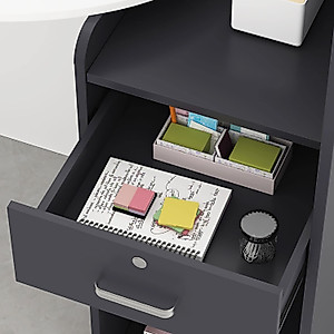 DiDuGo Reception Counter Desk Retail Front Reception Desk for Checkout, Round Desktop, Open Shelves, Lockable Drawer, for Salon White and Dark Grey