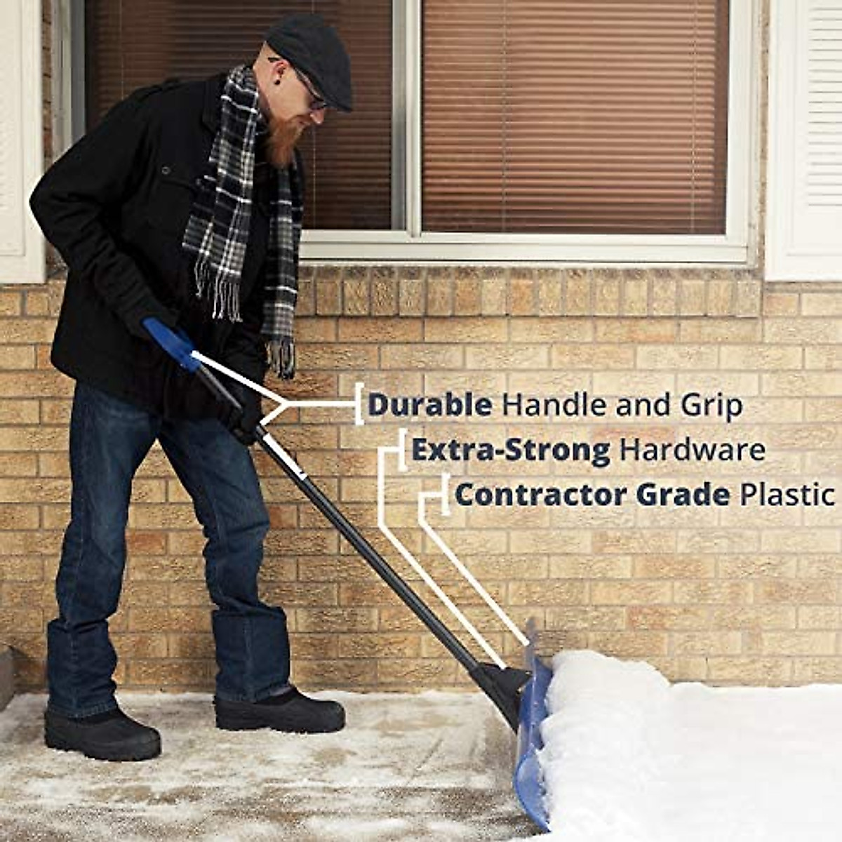 The Snowcaster 48 Inch Snow Pusher & Barn Shovel 48UPH | Heavy Duty 48” X 9.5” Polyethylene Blade | Snow Removal - Driveway, Doorway, Sidewalks | Commercial & Residential – Blue