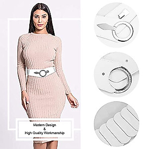 SUOSDEY Women Fashion Wide Elastic Belt Stretch Waist Belt with Easy Silver Buckle for Dresses,white,M