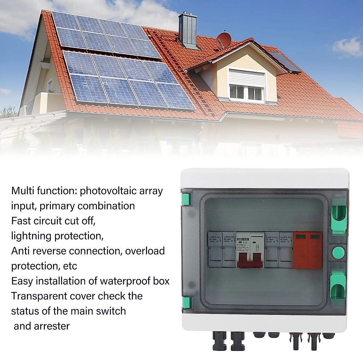 PV Combiner Box, DC500V 2 String Solar PV Combiner Box Waterproof Overload Protection with 15A Fuse for RV