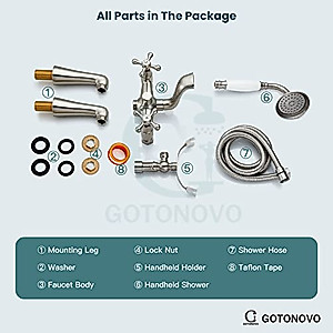 gotonovo Deck Mount Tub Bathtub Faucet Clawfoot with Handheld Shower 6 Inch Brushed Nickel Telephone Shaped Sprayer Showerheld Double Cross Handle