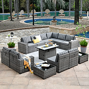 HOOOWOOO 13 Piece Modular Patio Outdoor Sectional Furniture Set with Gas Propane Fire Pit Table,Wicker Conversation Sofa Set,Out Door Couch Set with Wide Arm Outside(Grey Stripes)