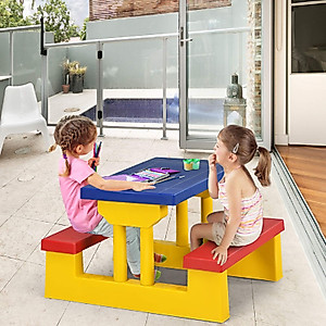 HONEY JOY Kids Picnic Table, Toddler Plastic Outdoor Table & Bench Set with Umbrella, Children Patio Furniture Set for Backyard Garden, Kids Picnic Tables for Outdoors, Gift for Boys Girls Age 3+