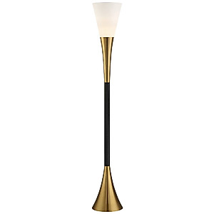 Possini Euro Design Piazza Mid Century Modern Glam Style Torchiere Floor Lamp 72.5" Tall Black Antique Brass Metal White Glass Shade for Living Room Reading House Bedroom Home Office