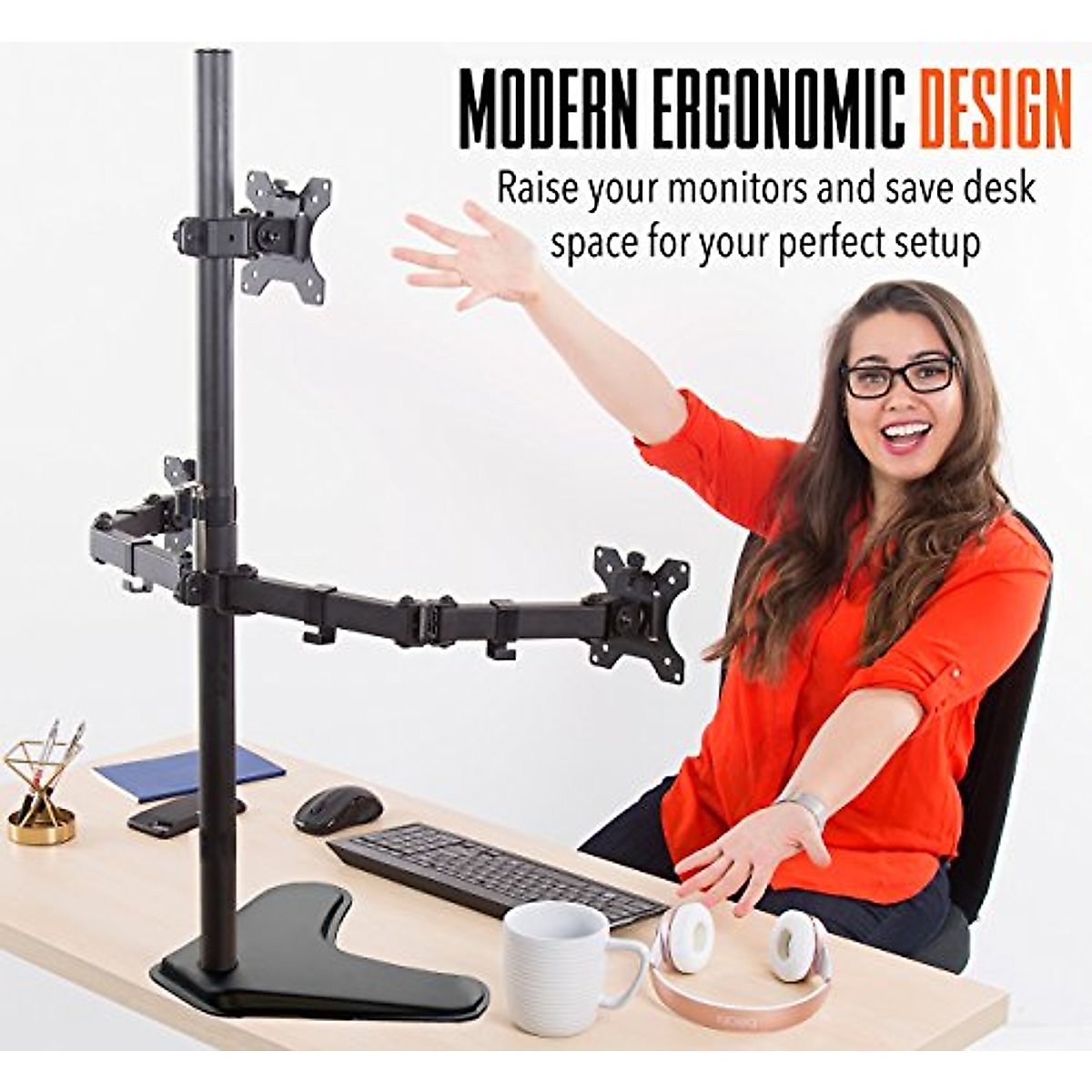 Stand Steady Triple Monitor Desk Stand with Tabletop Base, for Home or Office Use, Height Adjustable Computer Monitor Stand with Full Articulation VESA Mounts, Fits Most LCD/LED Monitors 13-32 Inches