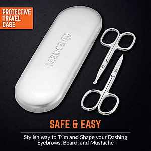 Stainless Steel Grooming Scissors - Eyebrow Scissor, Beard & Mustache Trimming Set, Small Curved & Rounded Tip Facial Hair Trimmer Kit for A Much Safer Ear, Nose Hair Clipper for Men & Travel Case