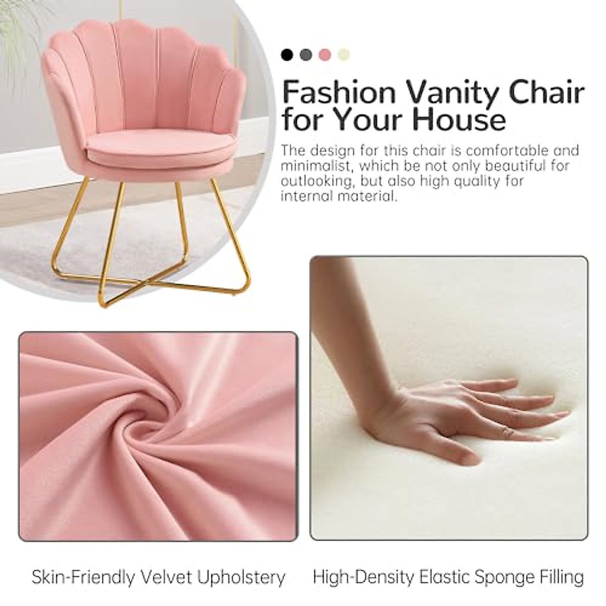 Furniliving Pink Vanity Chair, Velvet Makeup Chair for Bedroom, Home Office Desk Chair with Gold Plating Legs, Cute Accent Chair for Makeup Room, Bedroom, Living Room, Guest Reception (Velvet Pink)