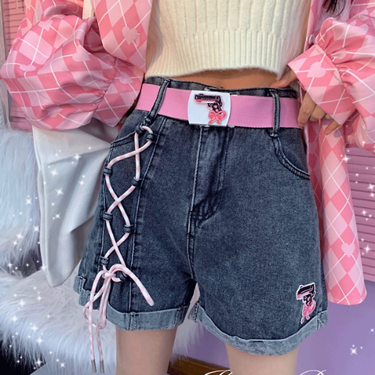 ZLMuMulin Y2K Harajuku Style Kawaii Gothic Straight Leg Loose A Line Folded Vintage Embroideried Print Jeans Shorts S Grey