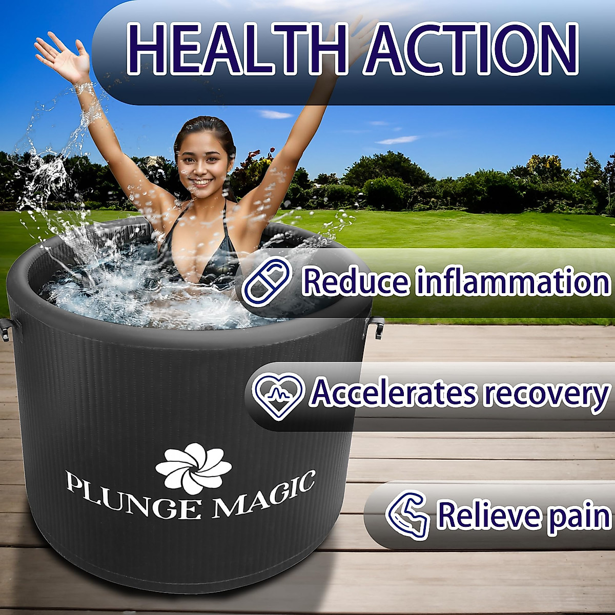 PLUNGE MAGIC Ultimate Cold Plunge Tub Inflatable Ice Bath Tub With Cover for Athletes Portable & XL Size, Water Chiller Compatible (Black - Round)