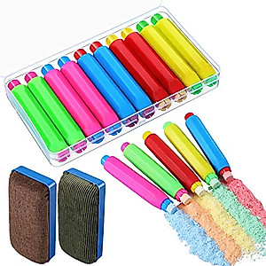 10 Pieces Colorful Plastic Chalk Holder Adjustable Chalk Clips with Storage Case and 2 Pieces Magnetic Chalkboard Erasers for School Office Whiteboard Supplies