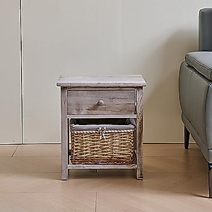 Modern End Table, Home Bedside Table with Storage Cabinet and Fabric Storage Basket, Wooden Farmhouse Nightstand with Drawer for Bedroom, Living Room, Office