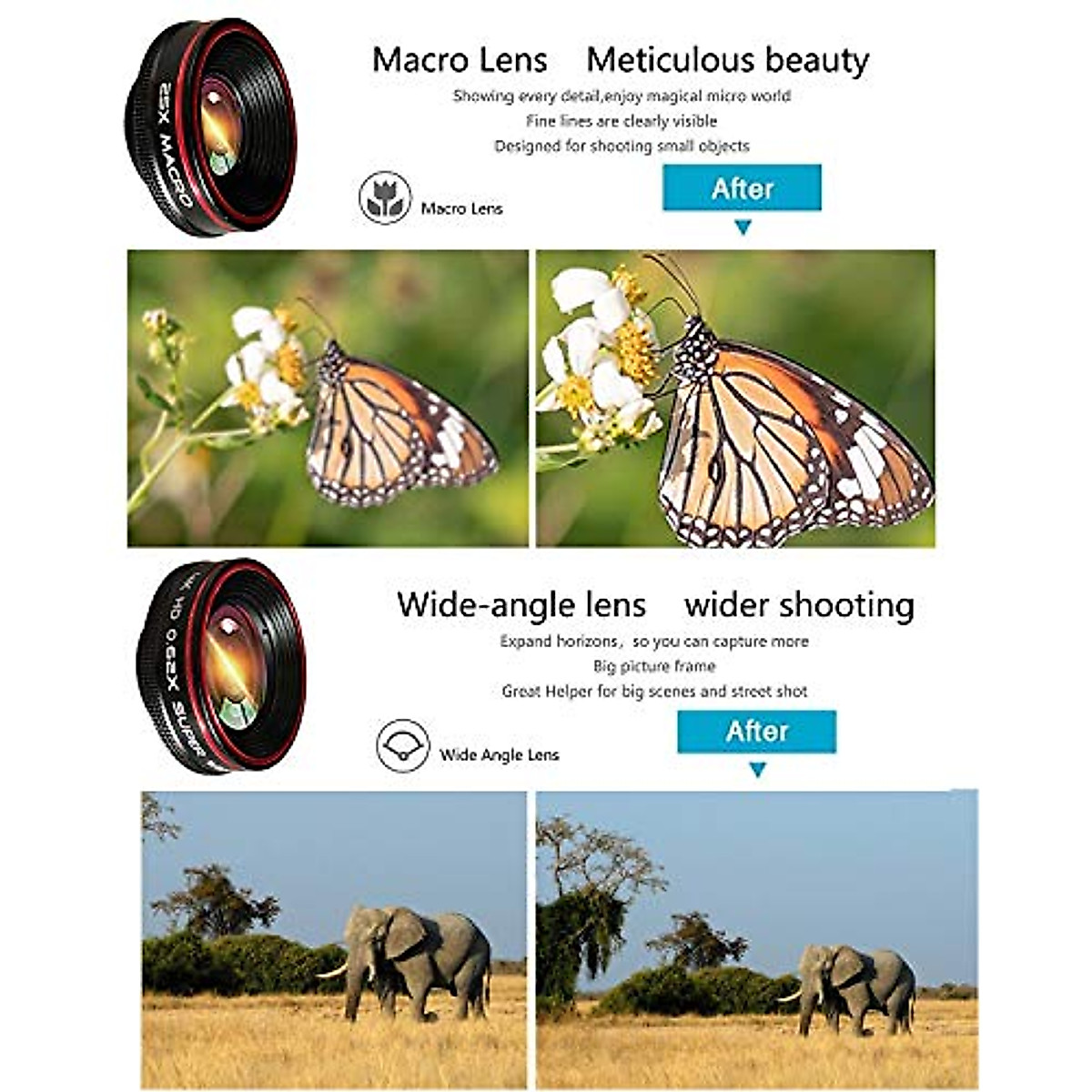 Phone Camera Lens Kit 10 in 1 for iPhone Samsung Pixel Android, 22X Telephoto Lens, 0.62X Super Wide Angle Lens&25X Macro Lens, 235° Fisheye,Kaleidoscopes, Starlight，Tripod，for Most Smartphone