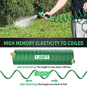 HooSeen EVA Recoil Garden Hose 25ft,Coil Garden Hose with 10 Patterns Hose Nozzle,Flexible Water Hose with Solid Brass Connector for Outdoor, Boat,Lightweight and Kink Free (25FT, Green)