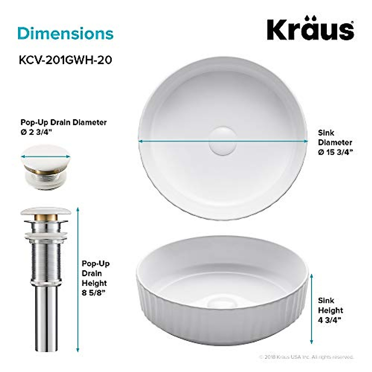 KRAUS Viva™ Round White Porcelain Ceramic Vessel Bathroom Sink with Pop-Up Drain, 15 3/4 in. D x 4 3/4 in. H, KCV-201GWH