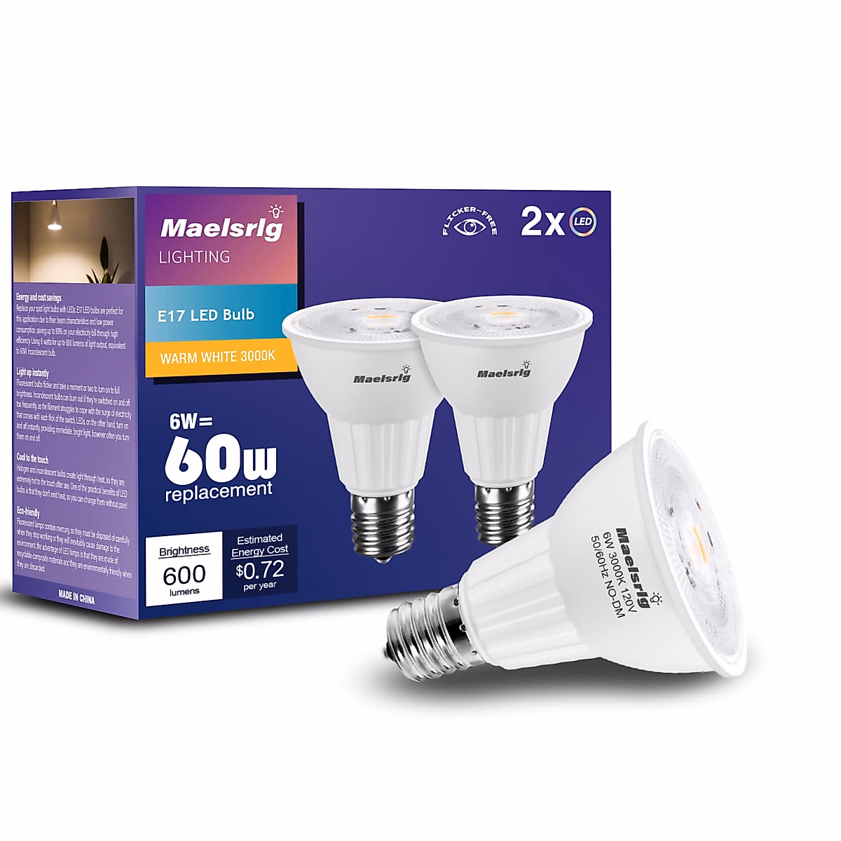Maelsrlg E17 LED Bulb 6W(60 Watt Equivalent), Intermediate Base Spotlight Bulb, Warm White 3000K, E17 Reflector R14 Bulb for Curio Cabinet, Non-Dimmable, Pack of 2
