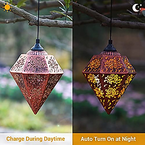 Solar Lanterns Outdoor Waterproof Hanging - OxyLED 2Pack Patio Garden Lantern Lights with Powered Retro Decorative Morrocan Flower Pattern Metal for Tabletop Decor Outside Tree Pool Porch Balcony Yard