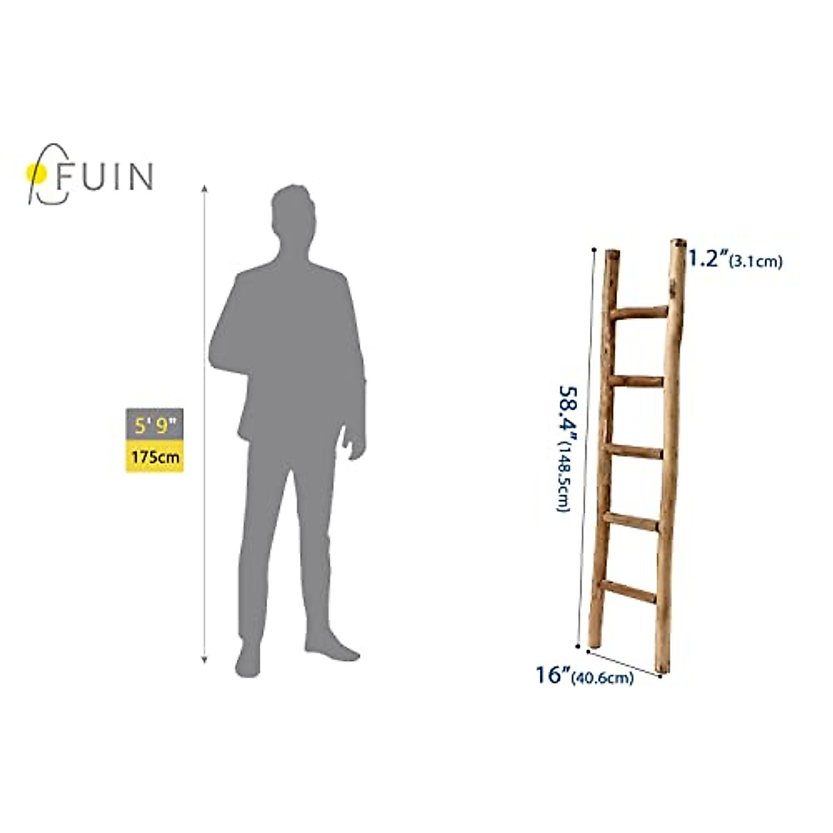 FUIN 6ft & 5ft Wood Decorative Wall Leaning Blanket Ladders Bathroom Storage Quilt Towel Display Rack Shelf Holder Rustic Farmhouse, Brown