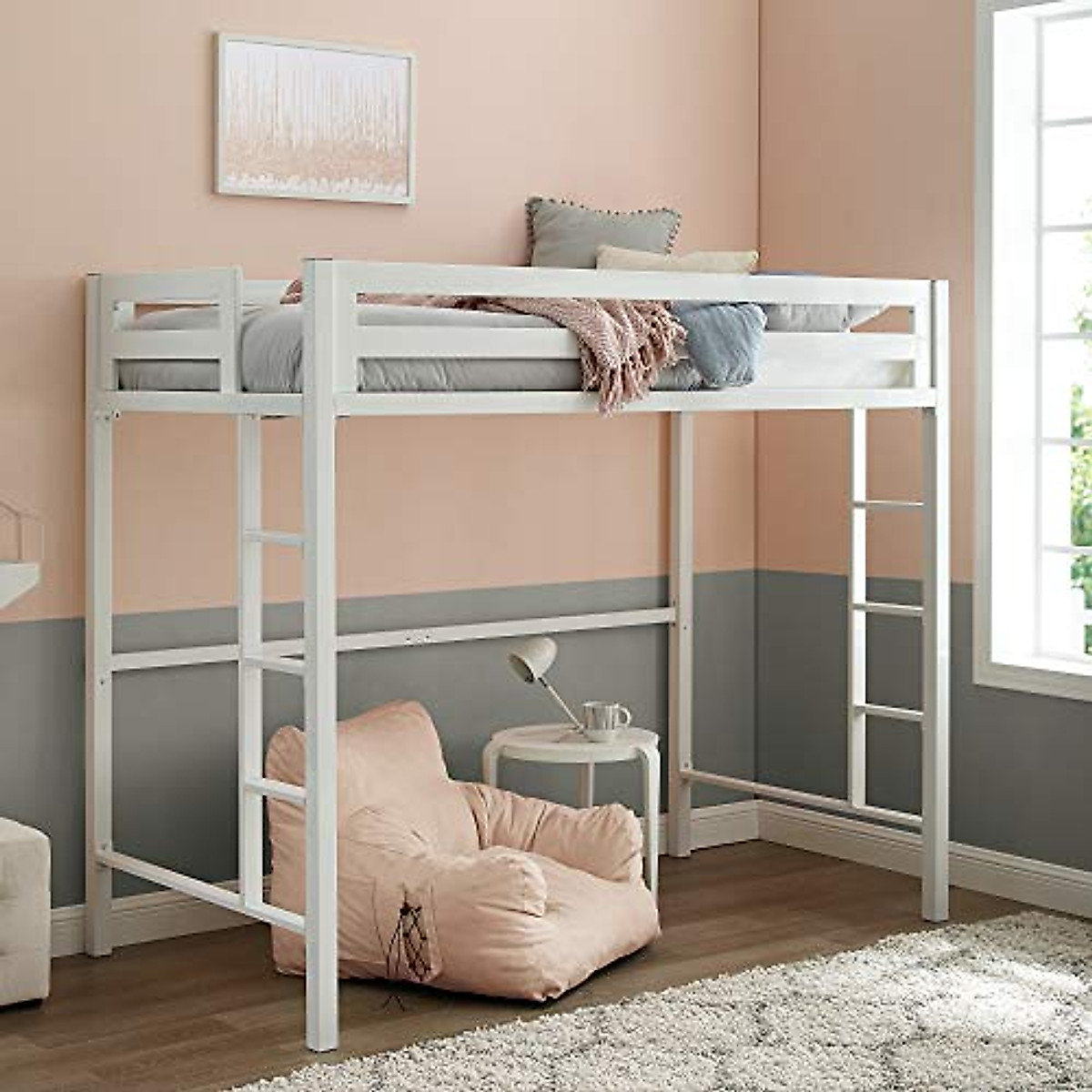 Walker Edison Brighton Classic Metal Twin over Loft Bunk Bed, Twin Size, White