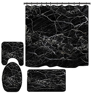 Black Marble Shower Curtain with Bath Rugs Sets, 4 Pcs Gray Marble Patterns Bathroom Décor with Toilet Seat Cover, Non-Slip Mats, Absorbent Pedestal Pads and Waterproof Shower Curtains + Hooks (Black)