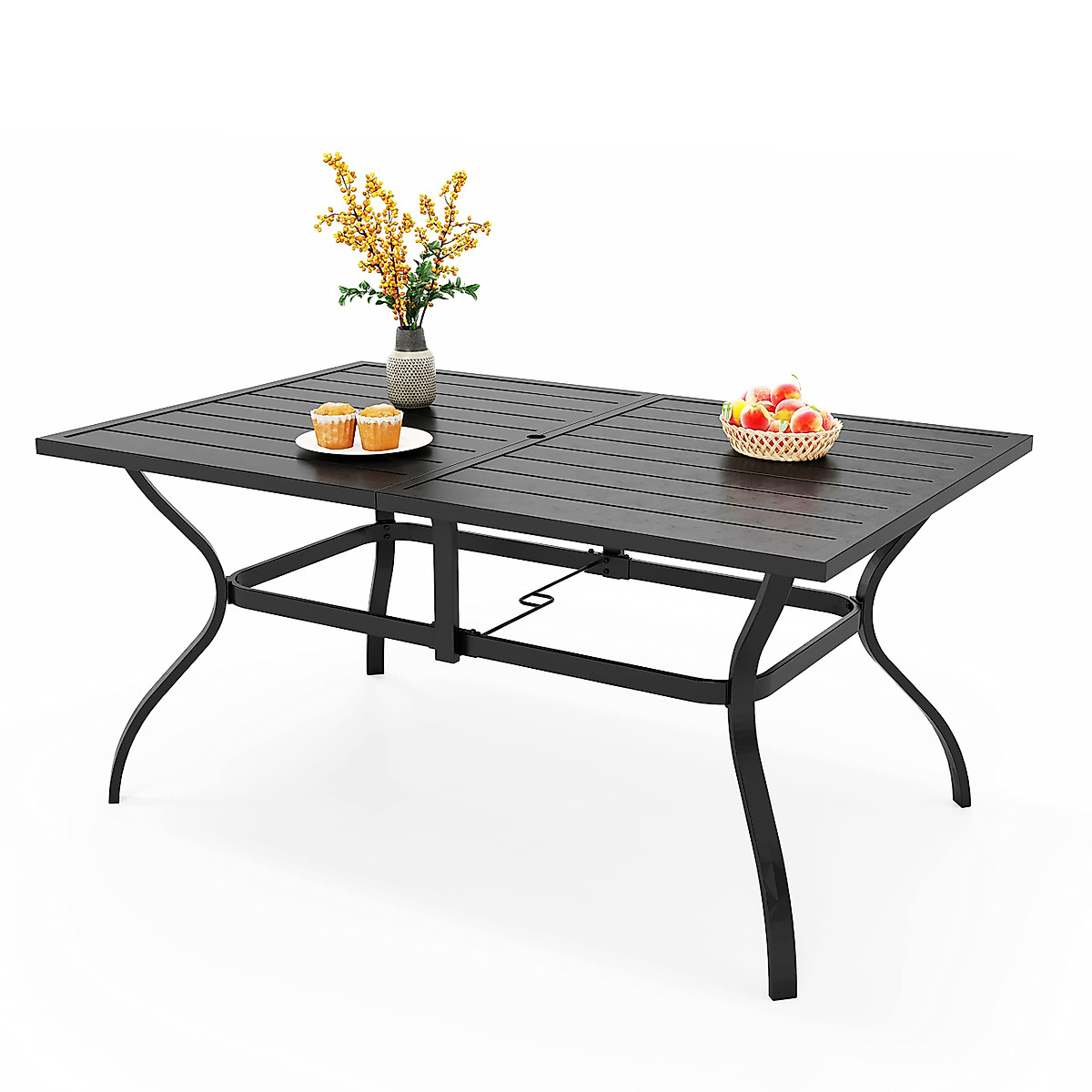 PHI VILLA 60'' Outdoor Dining Table for 6, E-Coating Metal Patio Table with 1.57" Umbrella Hole, All-Weather Resistant Rectangular Table for Patio, Backyard, Garden