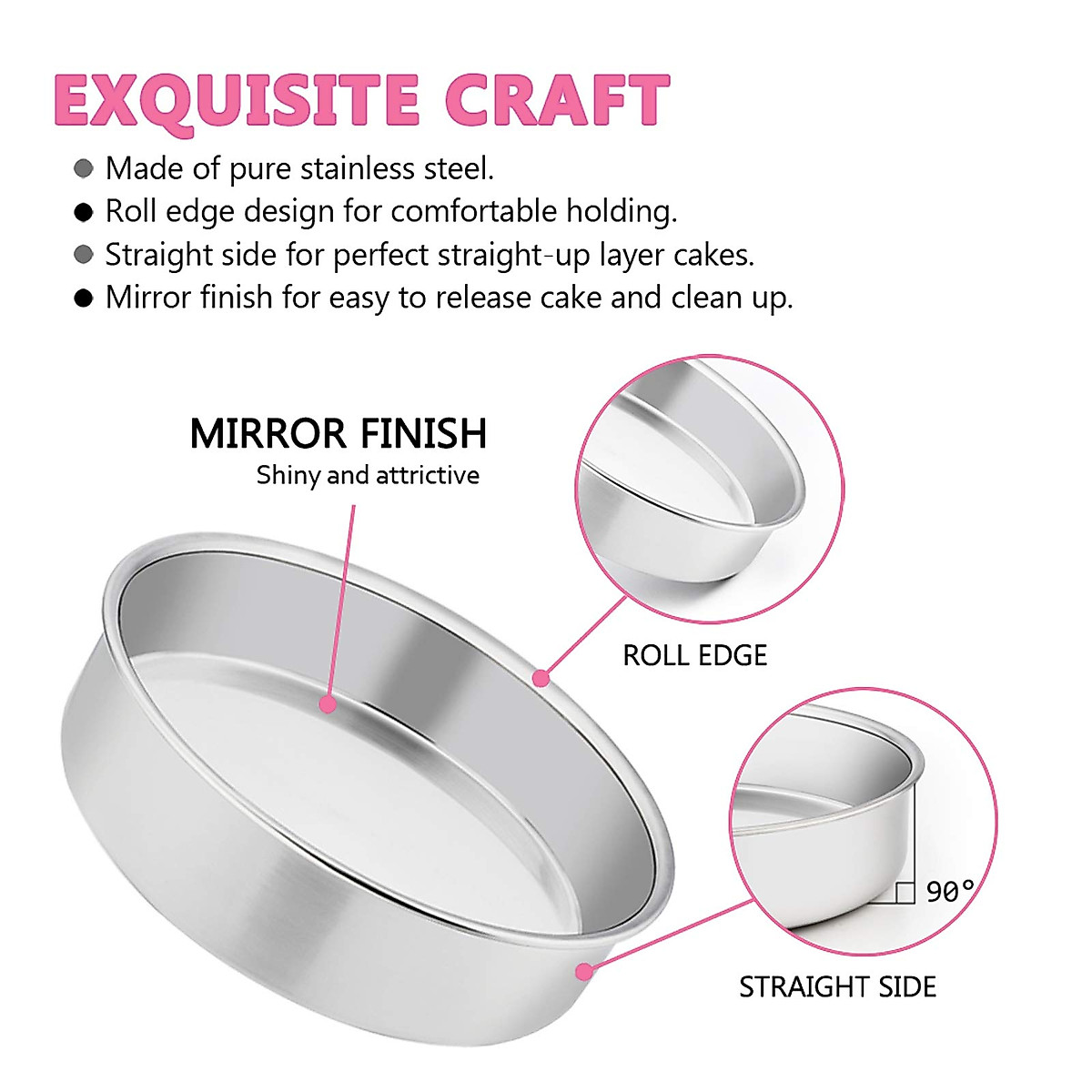 E-far 6 Inch Cake Pan Set of 3, Stainless Steel Round Smash Cake Baking Pans Tins, Non-Toxic & Healthy, Mirror Finish & Dishwasher Safe