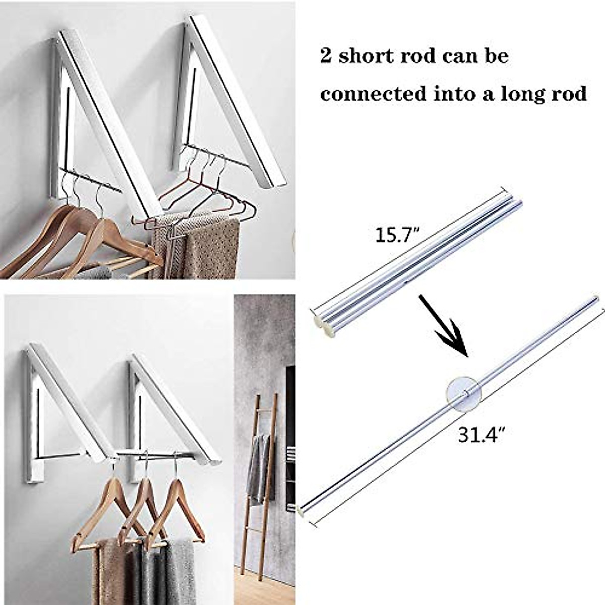 EOPRO Drying Racks for Laundry Foldable, Coat Rack Wall Mounted, Folding Clothes Hanger Hanging on Bathroom, Bedroom Balcony, Drying Rack Clothing with 2 Pack and 1 Rod…