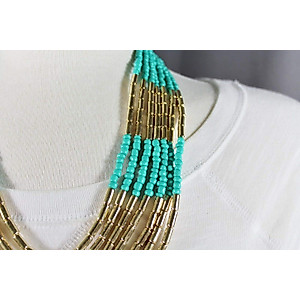 Turquoise Gold 7-Strand Layered Bib Beaded Necklace Statement Piece For Women