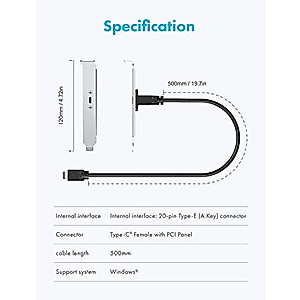 GRAUGEAR USB 3.2 Gen 2 USB-C Front Panel Adapter, Motherboard Header Extension Cable, USB-C Female to 20-pin USB Type-E A-Key Male Connector with PCIe Full Height Bracket, 19.6 in [G-AD-ETC-10G]