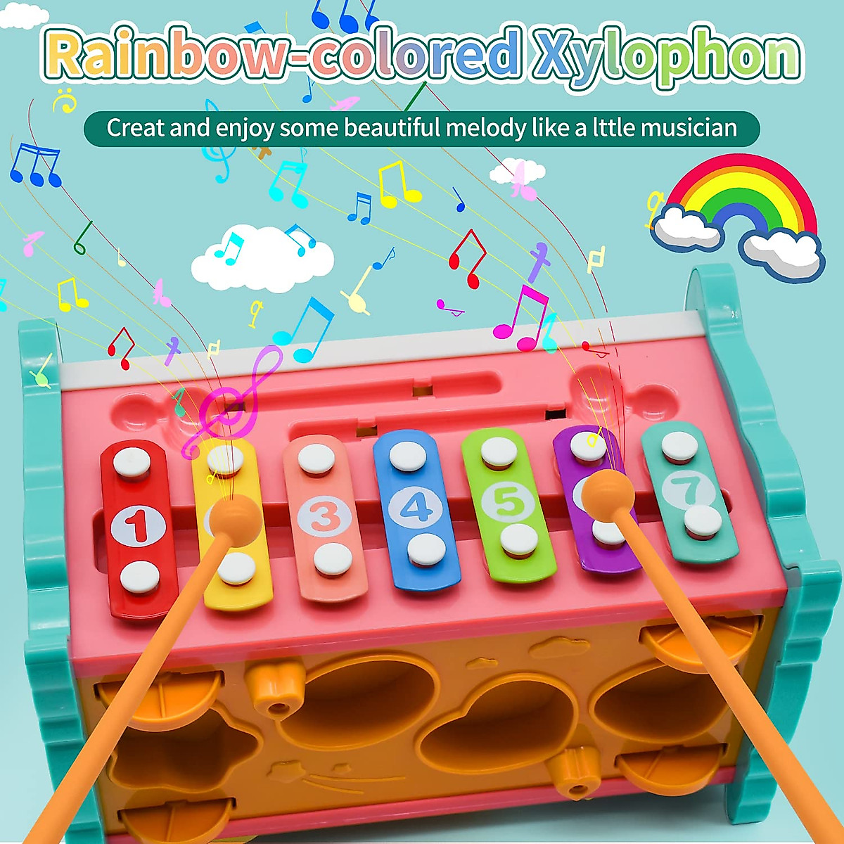 VEAIS Hammering Pounding Toys, 8 in 1 Wooden Montessori Fishing Game Xylophone Whack a Mole Game, Baby Early Development Toy Toddler Activities Gift Age2 3 4+ (Standard)…