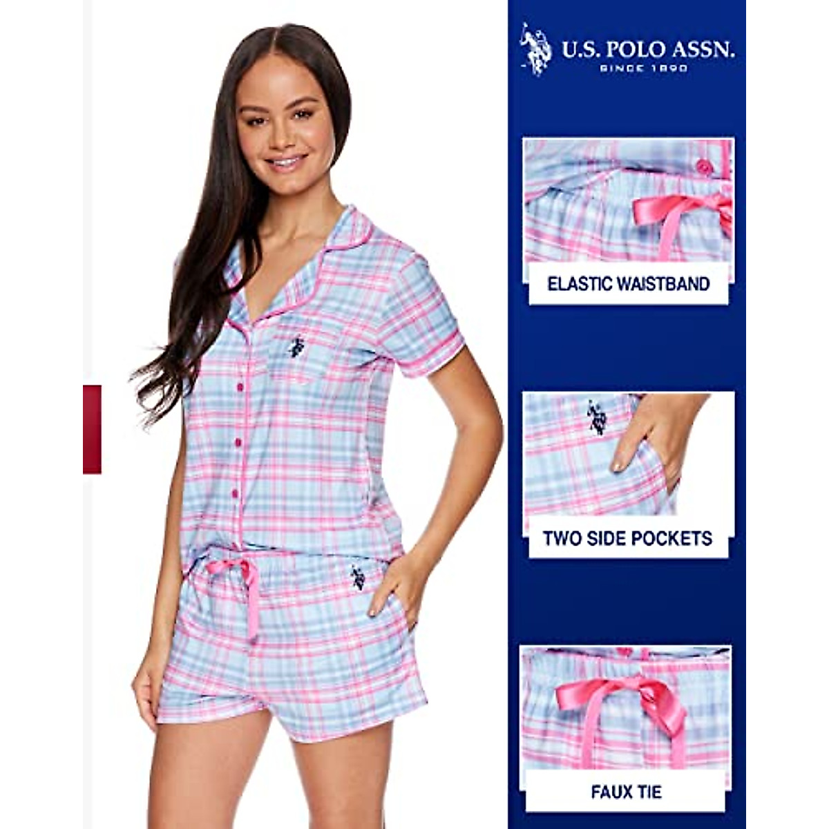 U.S. Polo Assn. Summer Pajamas for Women - Woven PJ Set with Button Up Top and Shorts - Lounge Sets for Women Light Blue, Large