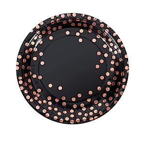 LDFDRT 50 Pack Disposable Party Paper Plates,7 inch Black and Rose Gold Plates,Golden Dots Plates,Metallic Foil Polka Plates for Graduation, Birthday, Weedings,Christmas