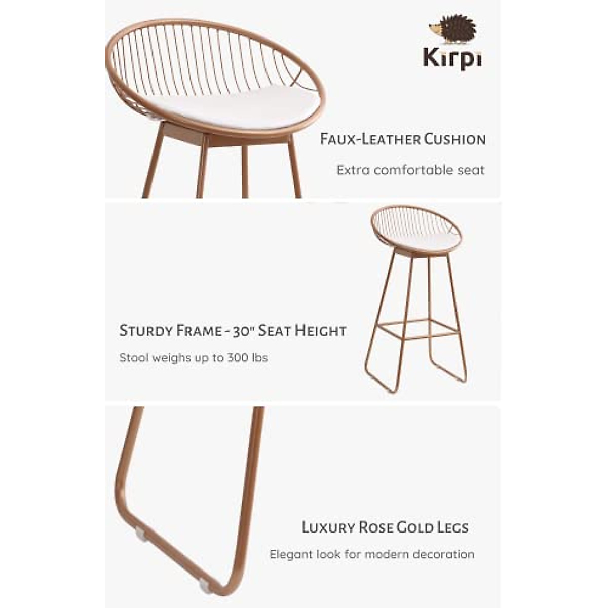 Kirpi Bar Stools Set of 4, Rose Gold Bar Height Bar Chairs 30" Seat, Kitchen Island Barstools Metal, Modern High Counter Stools with White Seat Cushion (4, Rose Gold)