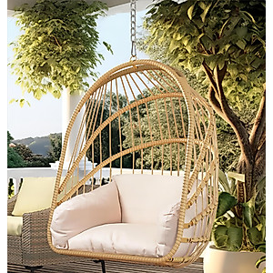 YITAHOME Swing Egg Chair with Cushions 350lbs, Wicker Hammock Chair Foldable Hanging Basket Chair W/O Stand for Outdoor, Indoor, Patio, Bedroom - Beige