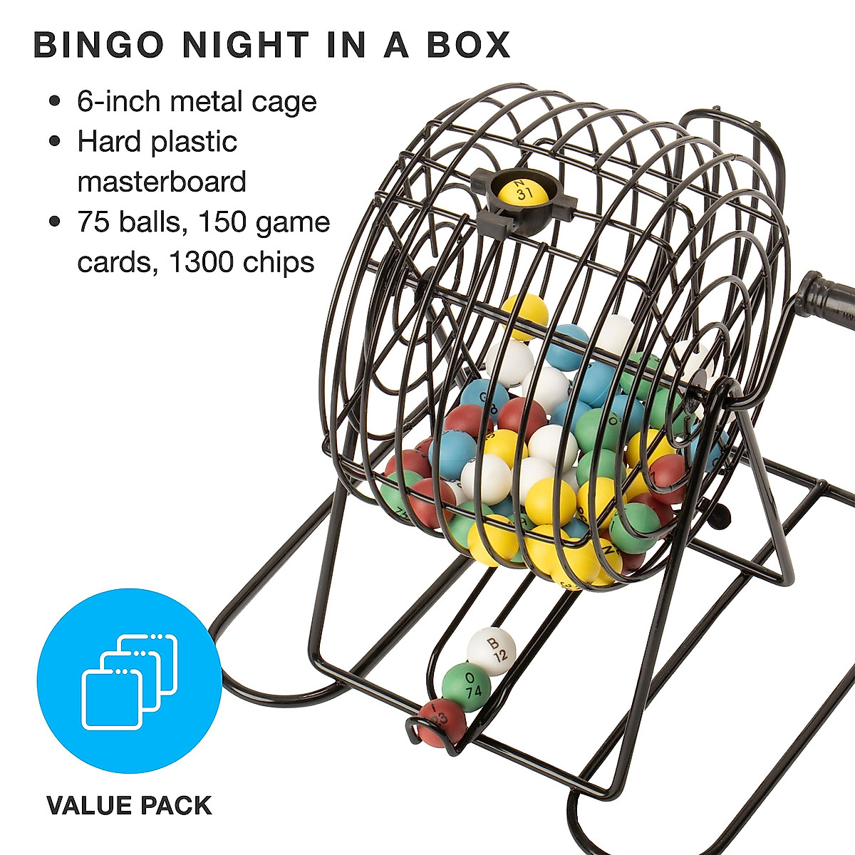 Deluxe Bingo Set with Extra Cards and Chips - Bingo Set with Game Chips, Cards, Roller Cage, Master Board, Color Balls - Classic Fun and Party Games for Seniors, Family and Kids