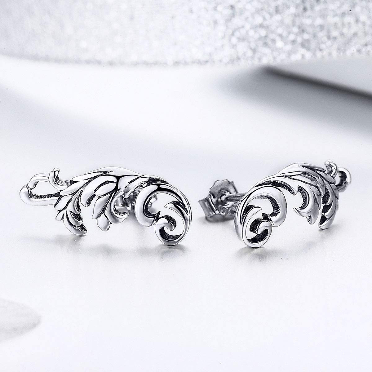 Antique Flower Stud Earrings Sterling Silver 925 Elegant Vintage Leaf Climber Crawler Earring Ear Piercing Thanksgiving Christmas Day Gifts for Women